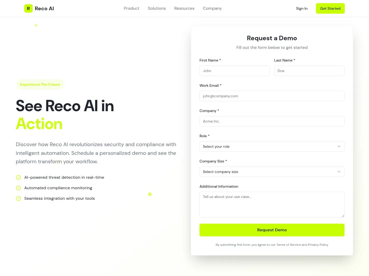 Reco AI Demo Request Interactive Page
