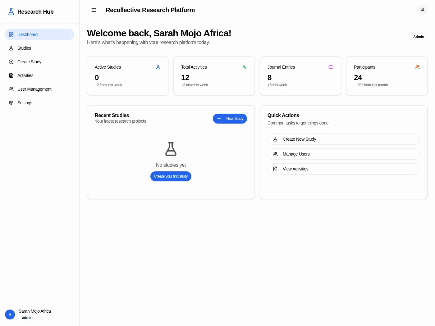 Recollective-Style Research Platform with Modular Study Dashboard