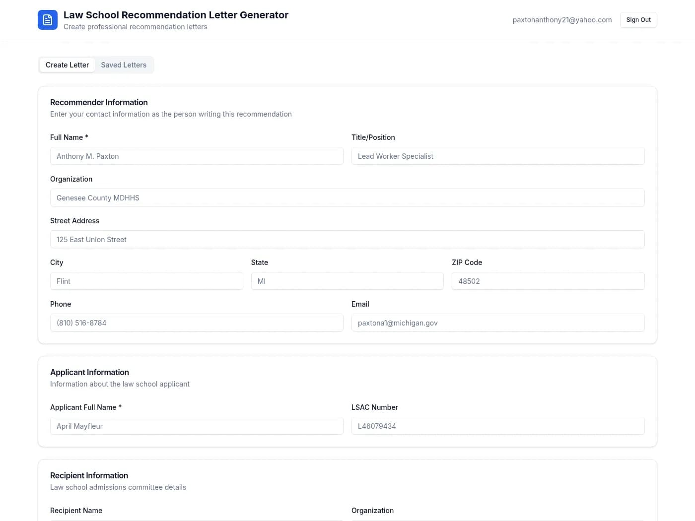 Digital Recommendation Letter Generator for Law School Applicants
