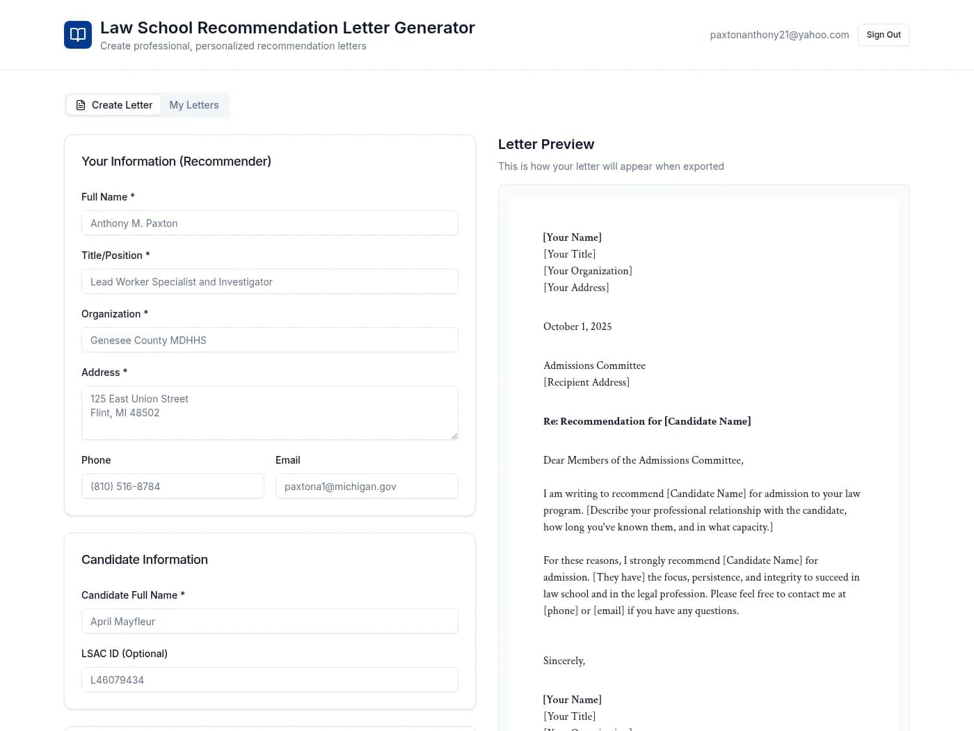 Recommendation Letter Web Generator for Law School Admissions