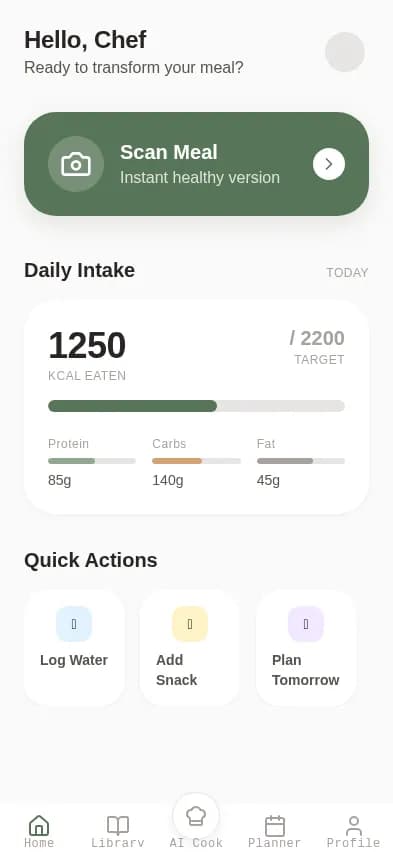 ReCookAI: Minimalist Healthy Meal Transformation Mobile App UI