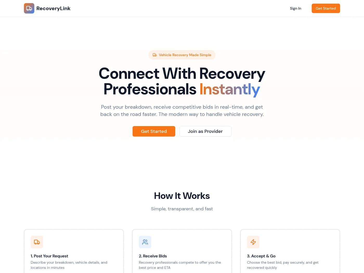 RecoveryLink – On-Demand Breakdown Recovery Bidding Platform