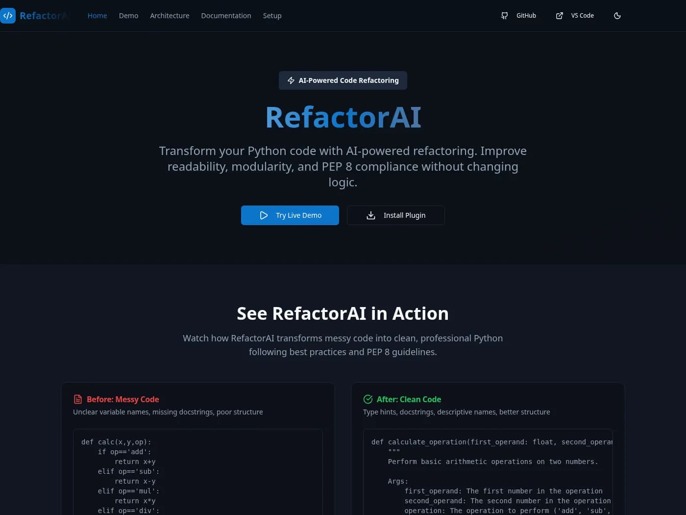 RefactorAI: AI-Powered Python Refactoring Plugin for VS Code & PyCharm