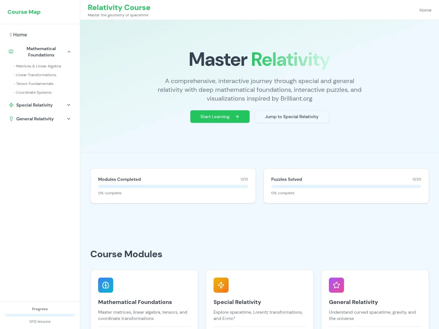 Interactive Special & General Relativity Full Course with Puzzles & Mathematical Foundations