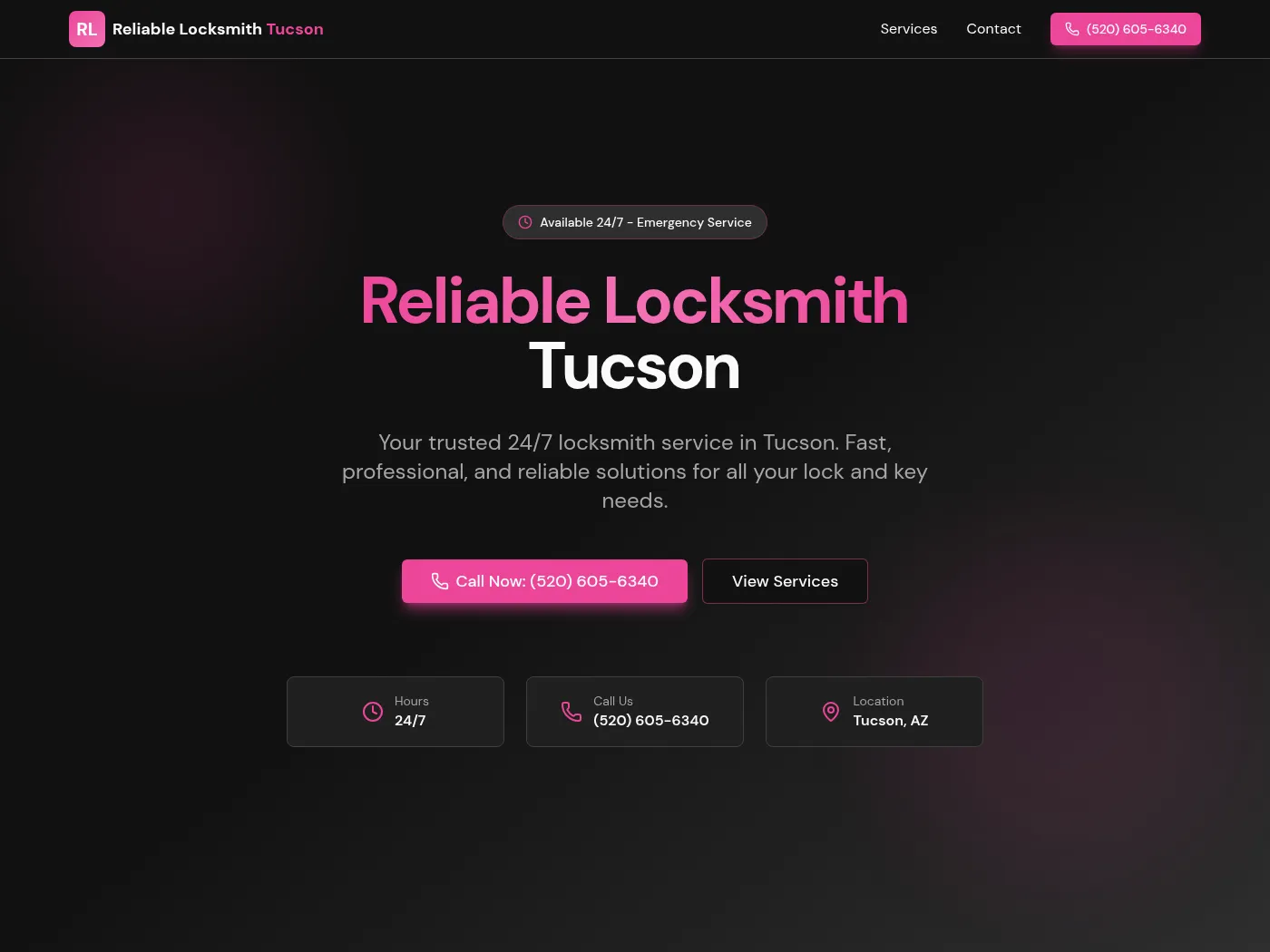 Reliable Locksmith Tucson - Black Pink Themed Website