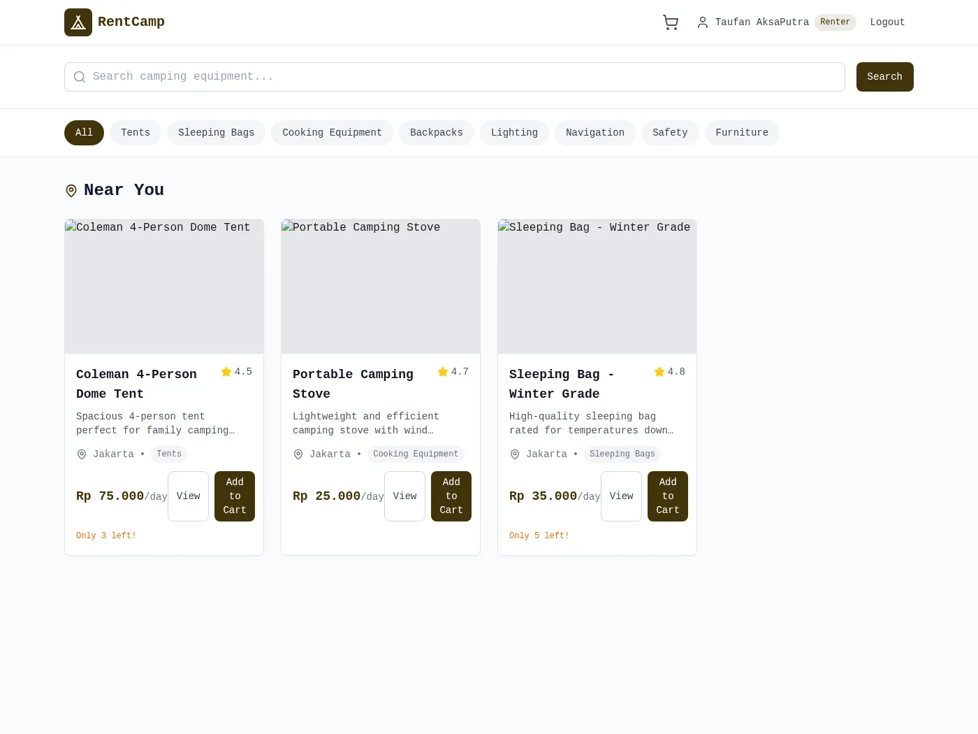 RentCamp: Camping Equipment Rental Marketplace App