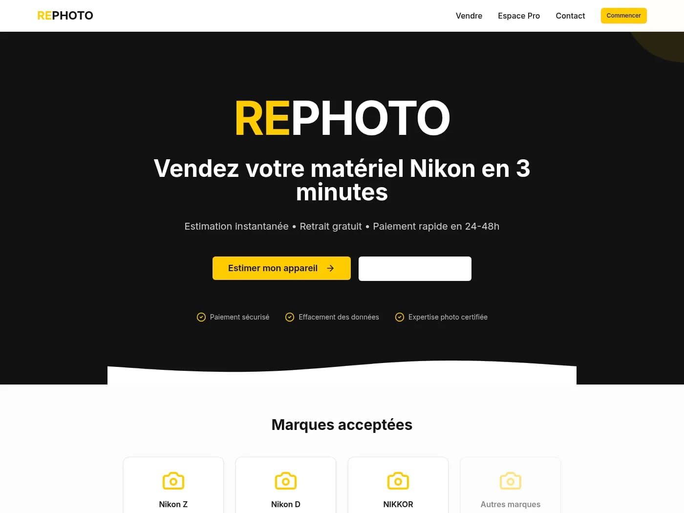 REPHOTO – Plateforme de reprise et pièces détachées photo B2C/B2B, marque Nikon-like