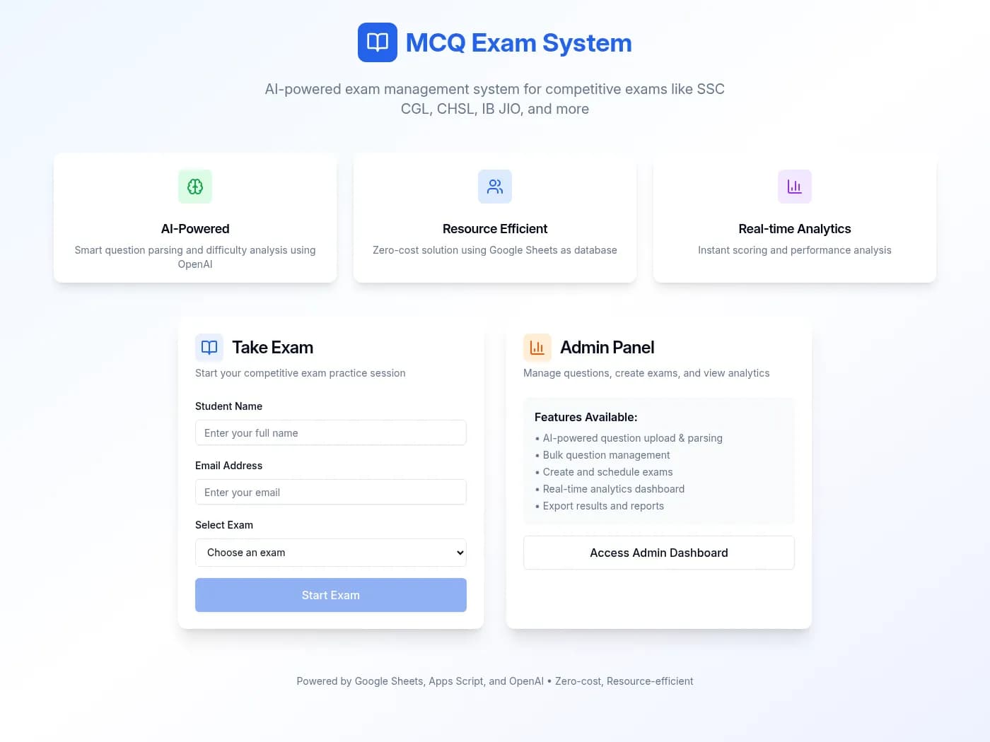 Resource-Efficient MCQ Exam System with Google Sheets, Apps Script, and AI