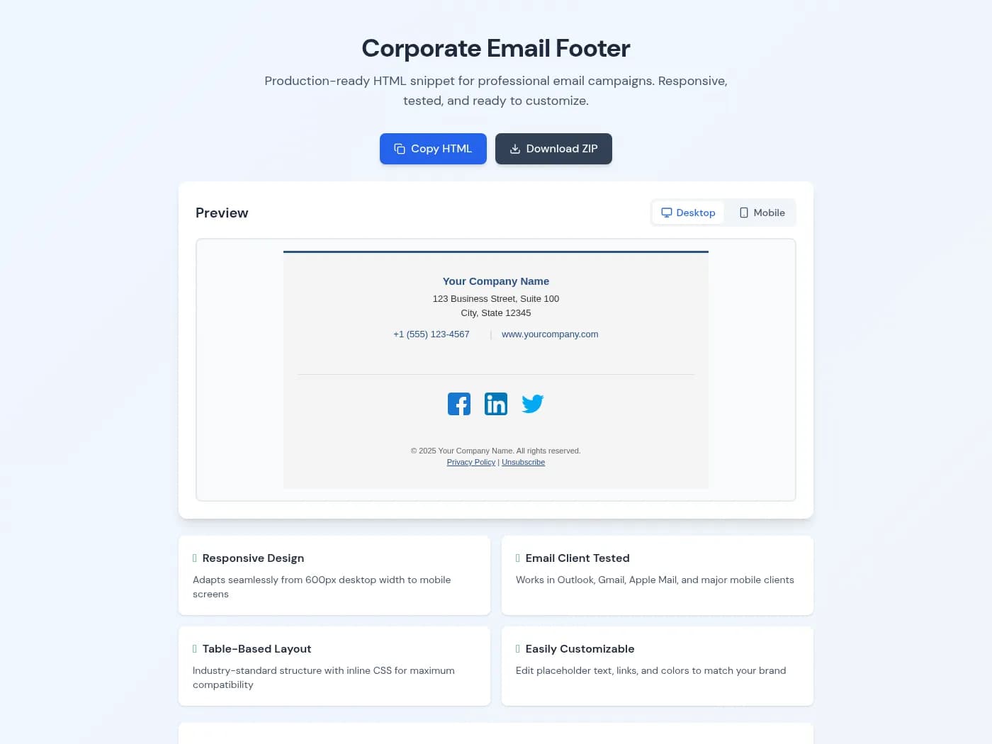Responsive Corporate HTML Email Footer Generator