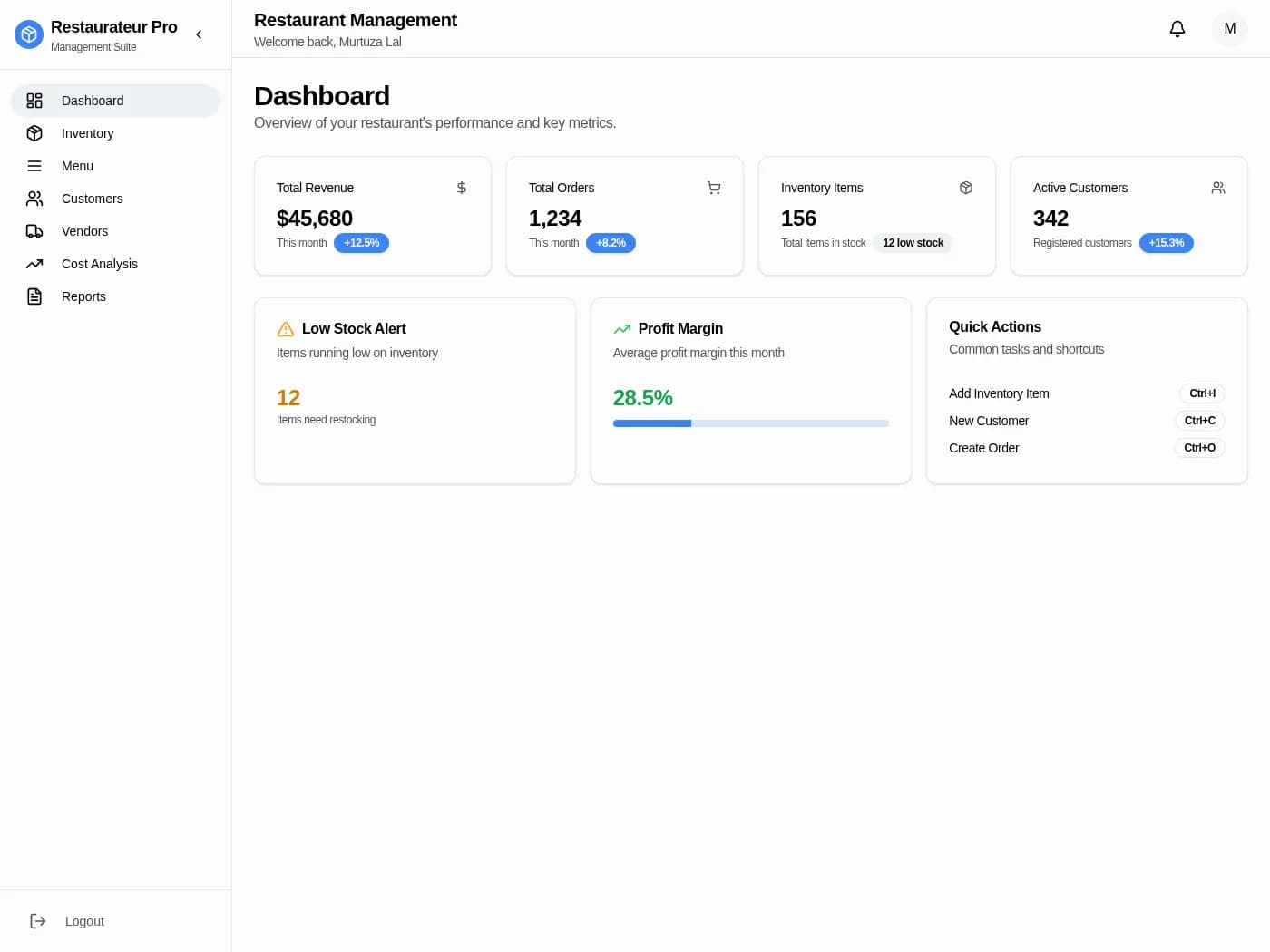 Restaurateur Pro: Food Cost, Inventory & Management Suite
