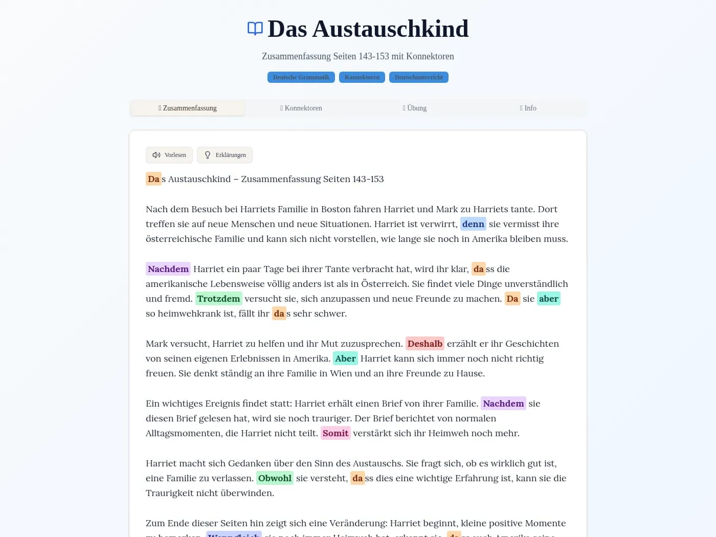Resume Generator mit Konnektoren basierend auf 'Das Austauschkind' (Seiten 143-153)