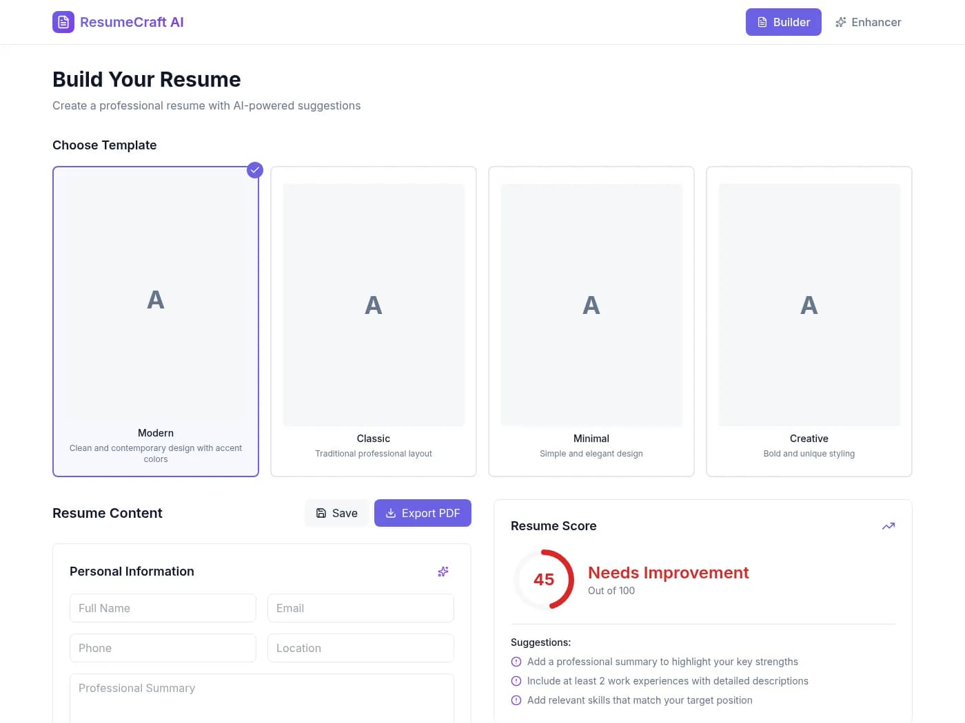 ResumeCraft AI - Modular AI Resume Builder & Enhancer