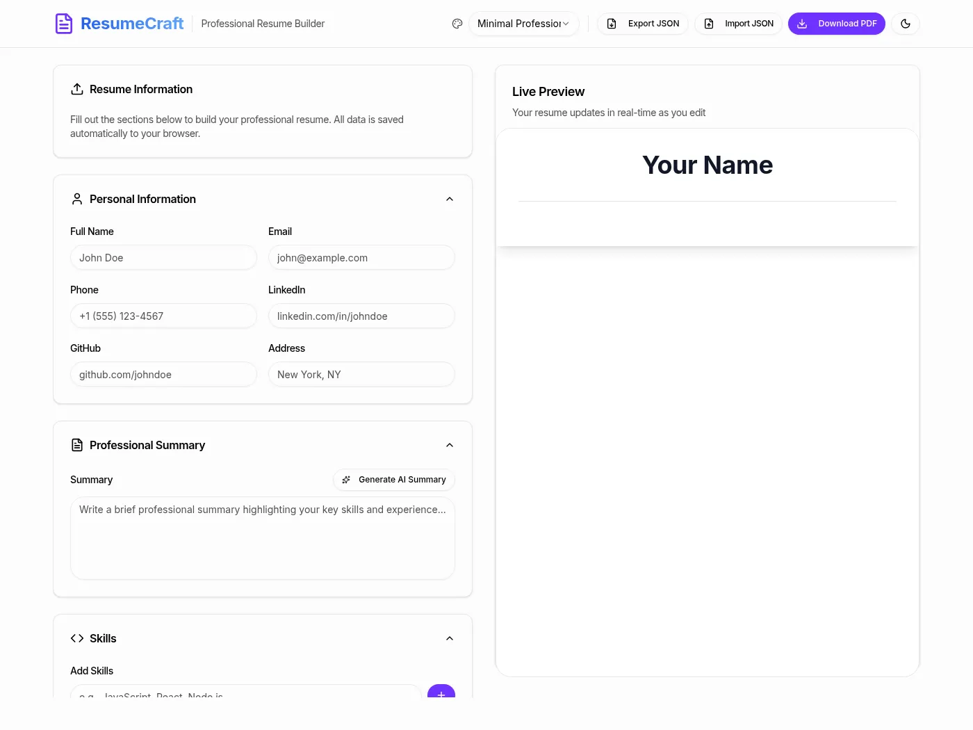 ResumeCraft: Professional Resume Builder Web App