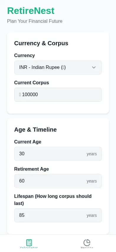 RetireNest Retirement Calculator Mobile App