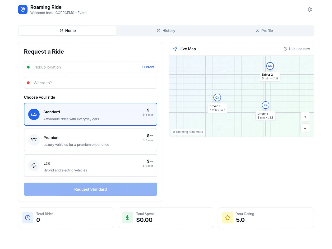 Roaming Ride: Uber-Style Ridesharing Platform