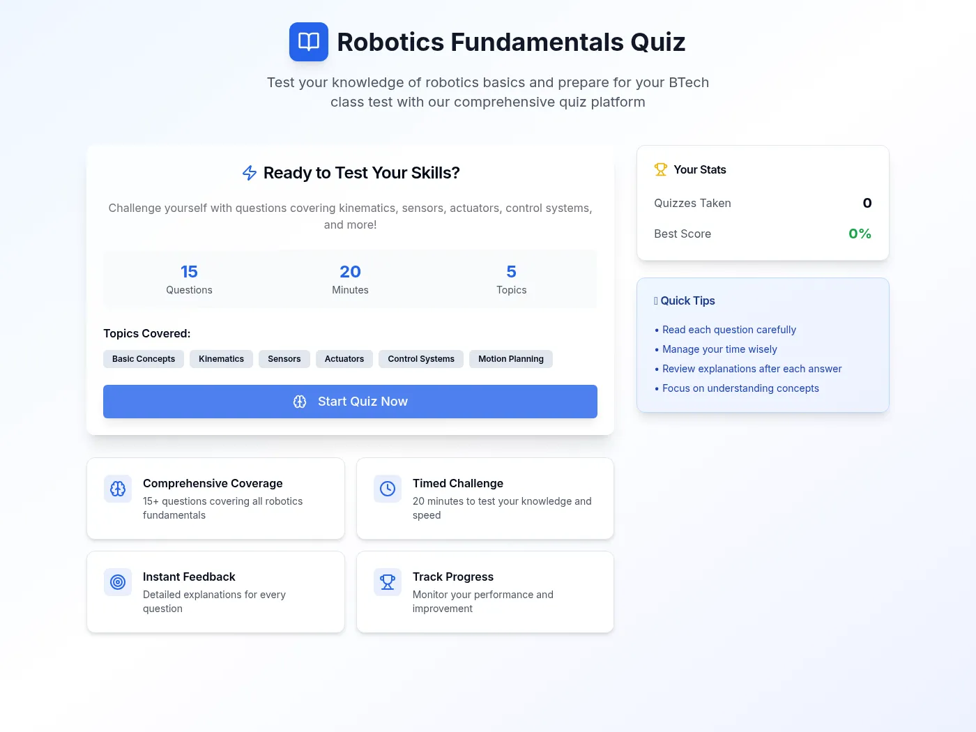 Robotics Fundamentals Quiz Platform