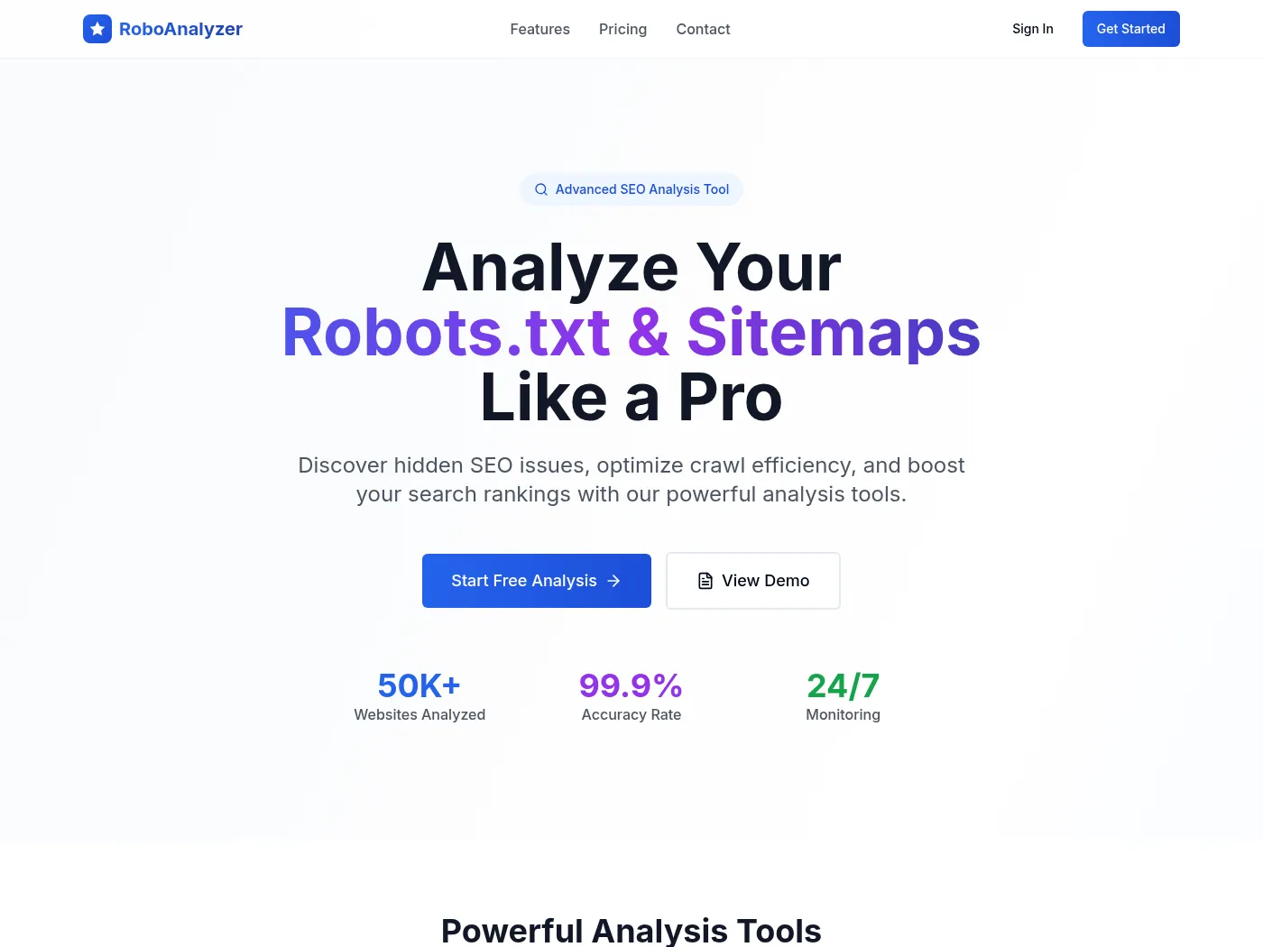 Modern Responsive Robots.txt & Sitemap Analyzer SaaS Website
