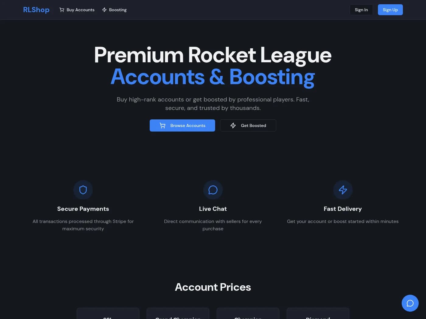 Rocket League Account Shop & Boosting Platform with Stripe Payments and Chatbot