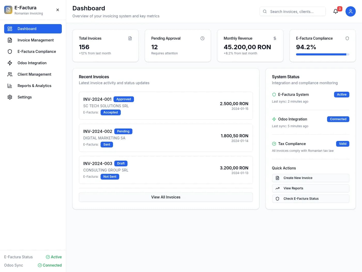 Romanian E-Factura Invoicing App with Odoo Integration