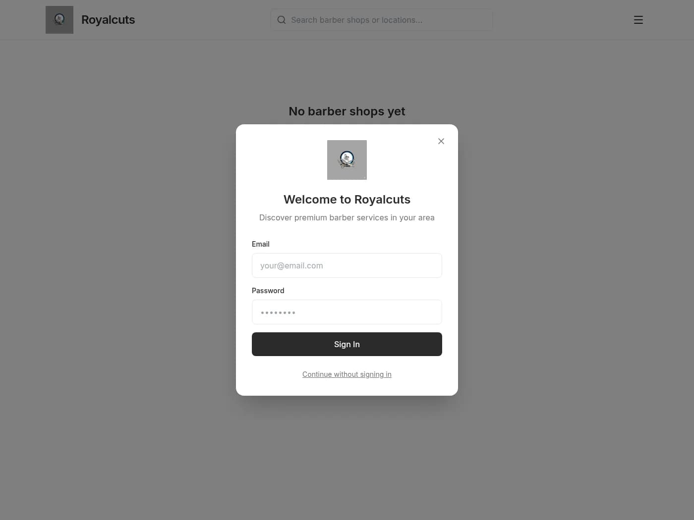 Royalcuts Home Page & Barber Shop Management App