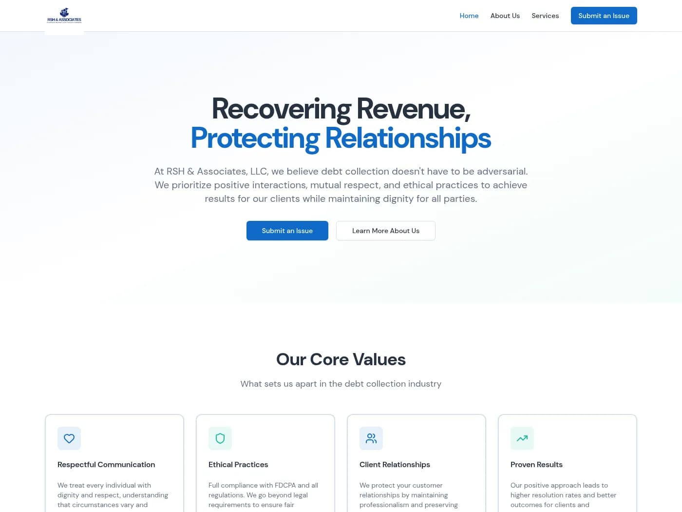 RSH & Associates Relationship-Focused Debt Collection Website