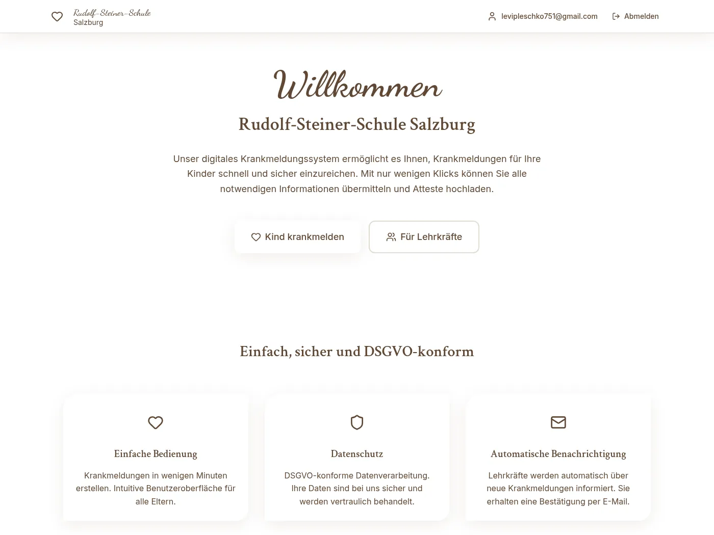 Rudolf-Steiner-Schule Salzburg Krankmeldungssystem (Elternportal & Lehrkräfte-Backend)