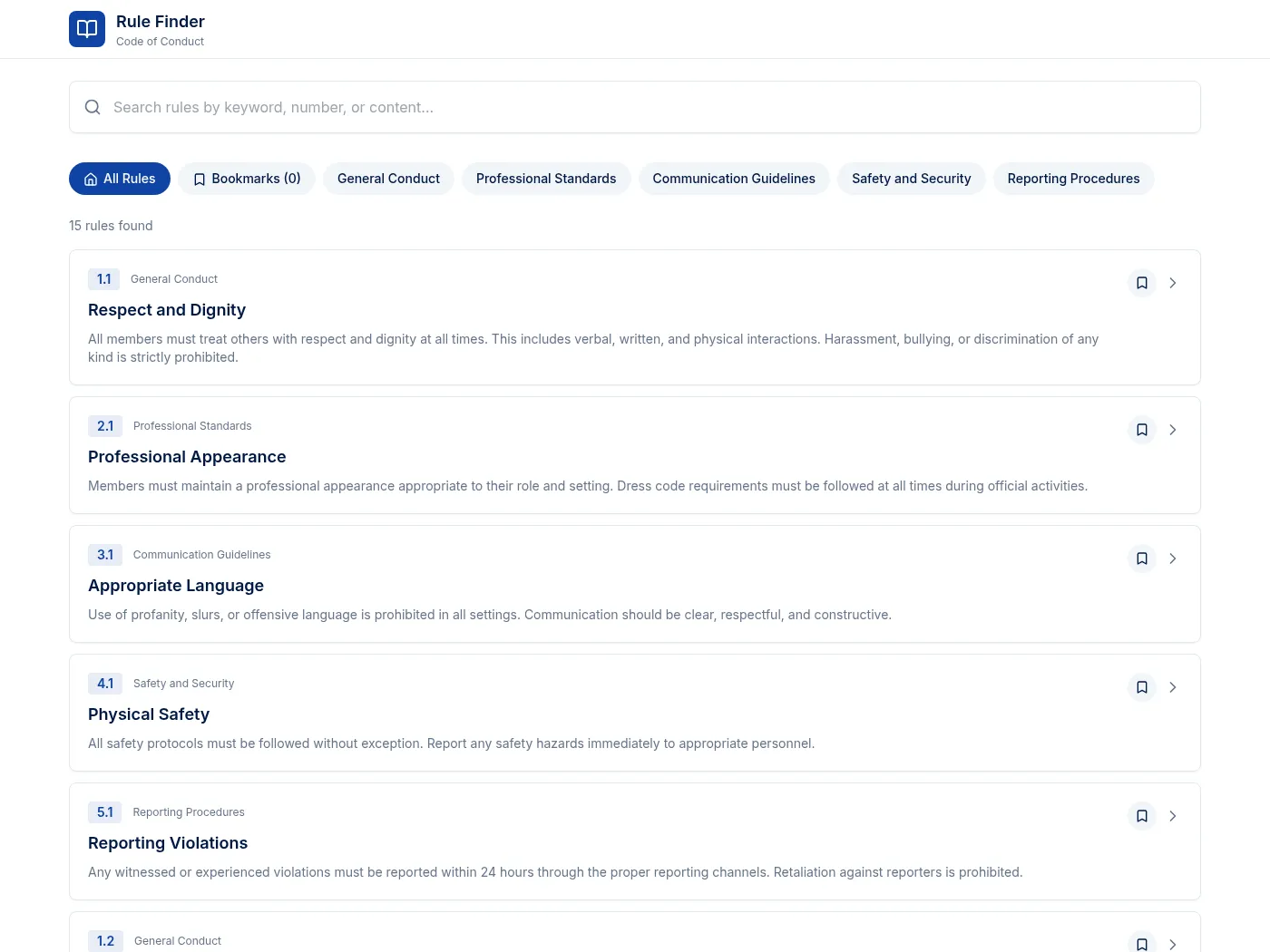Rule Finder: Searchable Code of Conduct App
