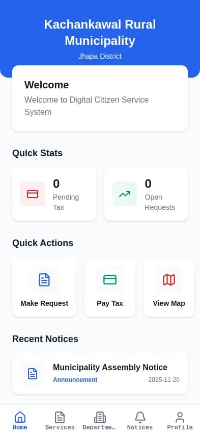 Rural Municipality Governance & Citizen Service Mobile App for Kachankawal RM