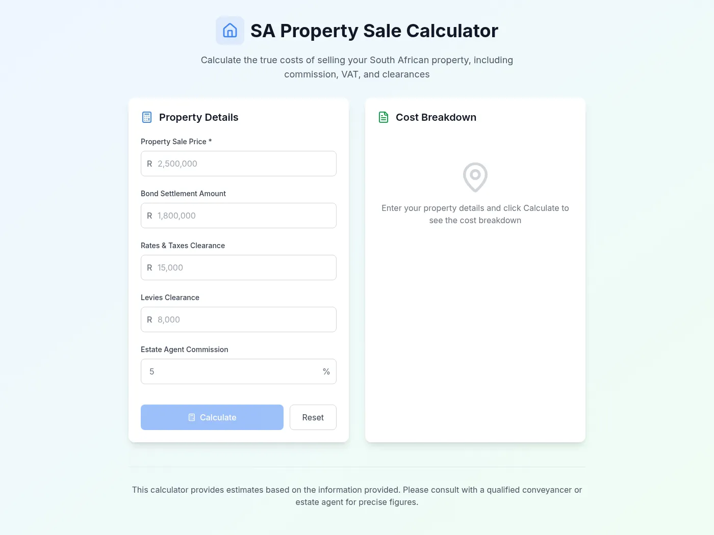 South African Property Sale Net Proceeds Calculator