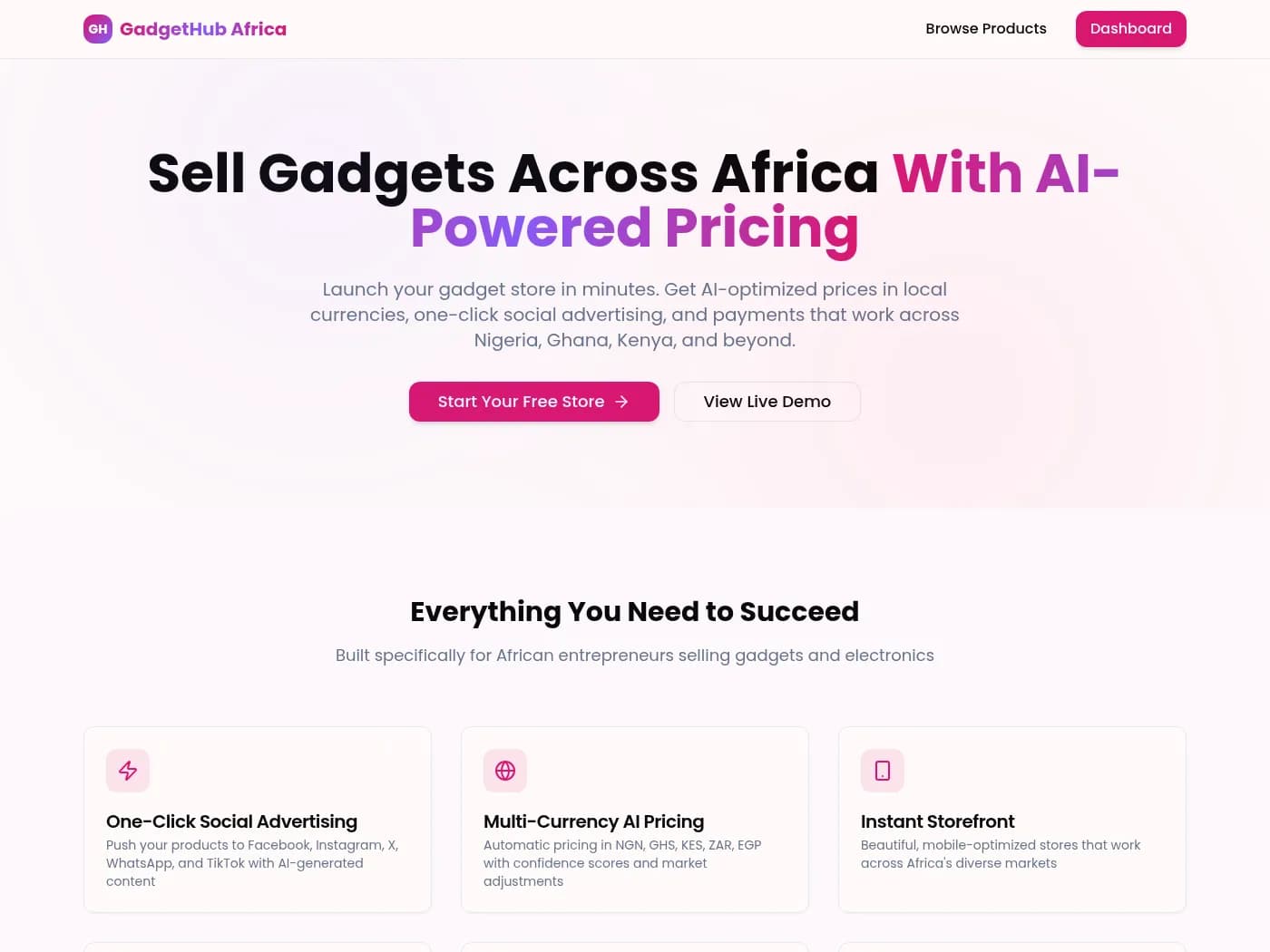 SaaS Gadget Marketplace with Multi-Currency AI Pricing & Social Promotion for Africa