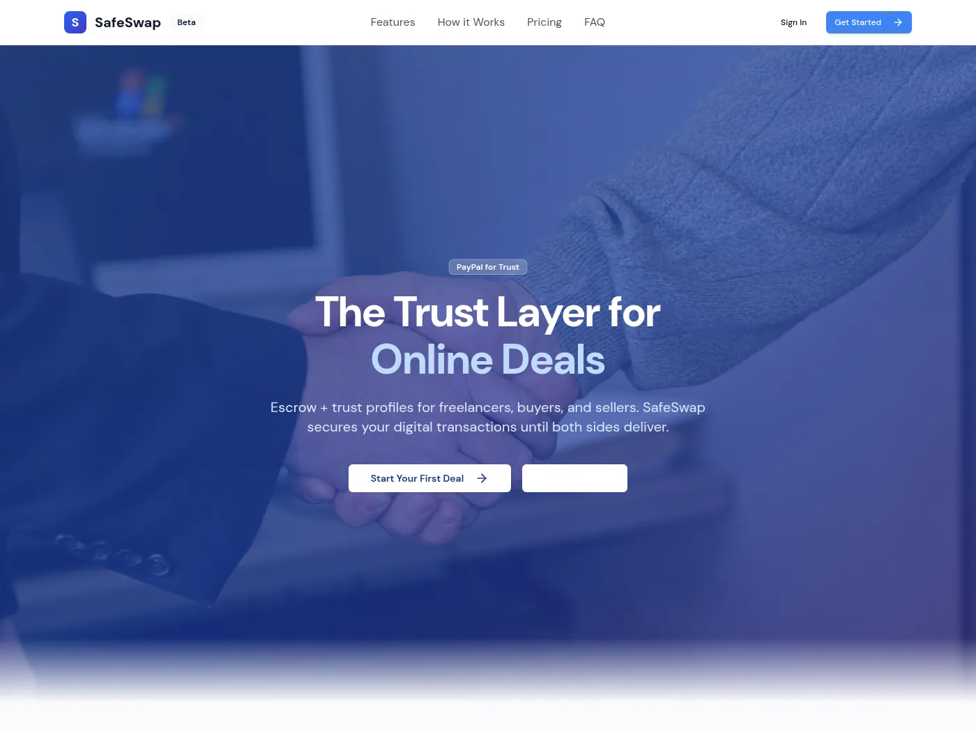 SafeSwap – A Beautiful, Trust-Focused Online Deal Escrow & Reputation Platform Landing Page