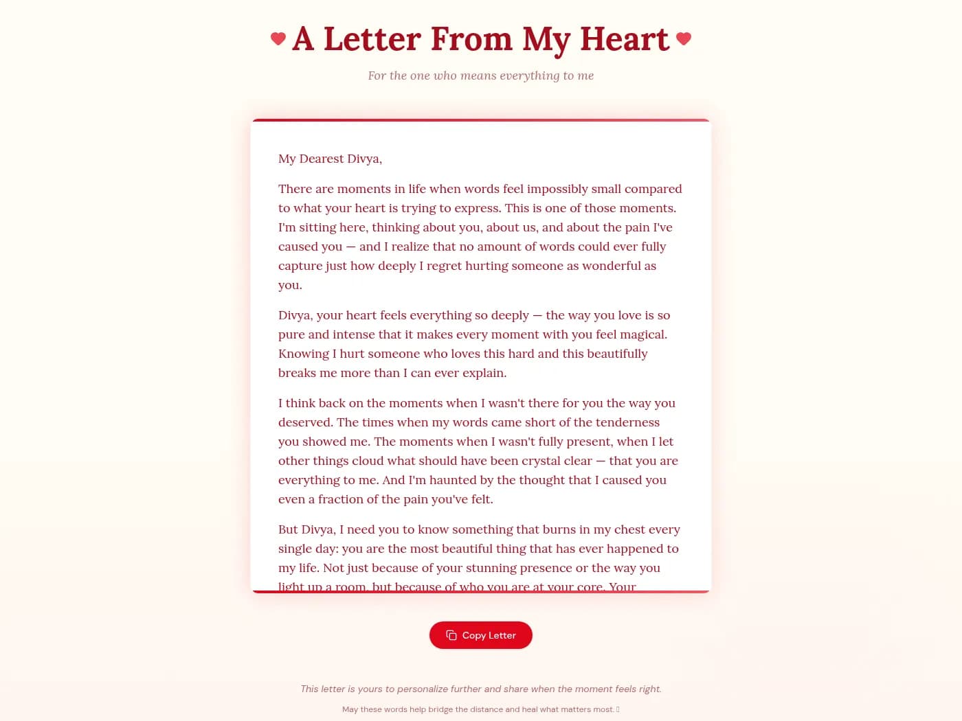 Sagar's Heartfelt Romantic Apology Letter Generator for Divya