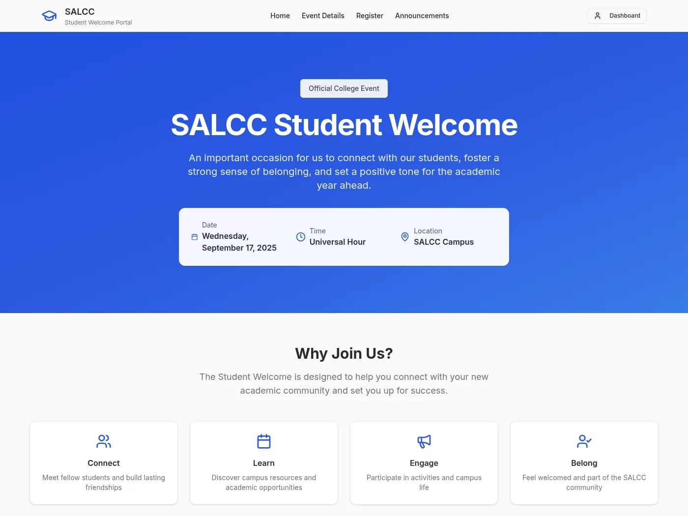 SALCC Student Welcome Event Portal