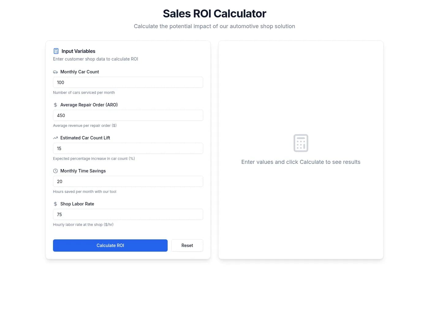 Sales ROI Calculator for Automotive Shops