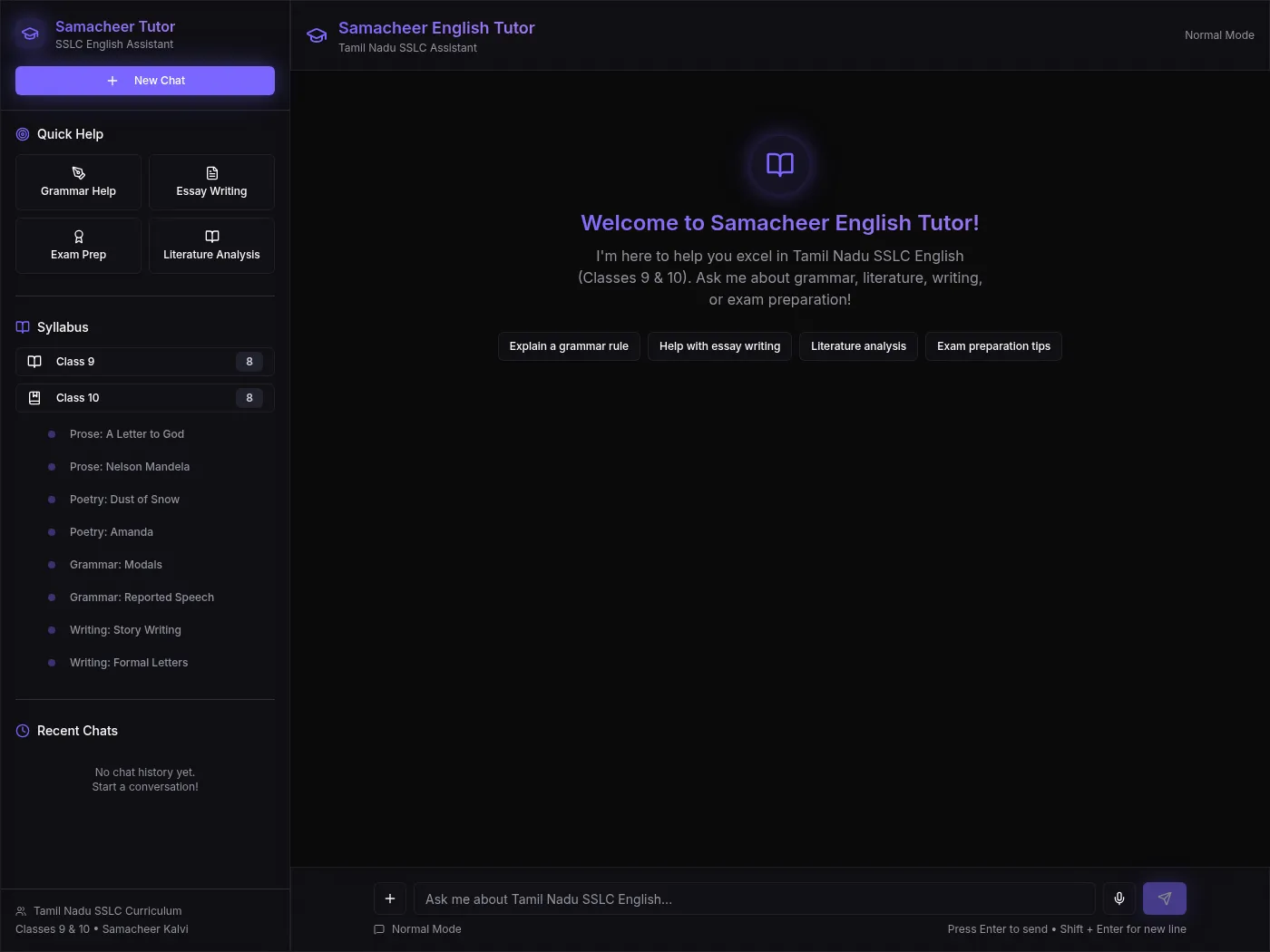 Samacheer English Tutor – Universal Tamil Nadu SSLC Assistant with 3D Futuristic Dark Mode