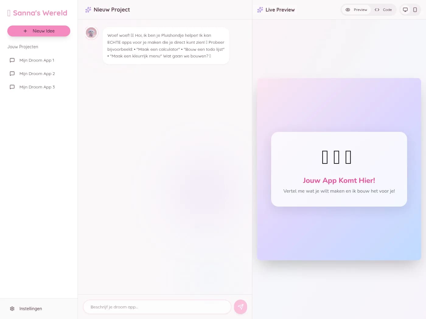 Sanna's Wereld: De Ultieme AI App Maker met Pluishondje Helper
