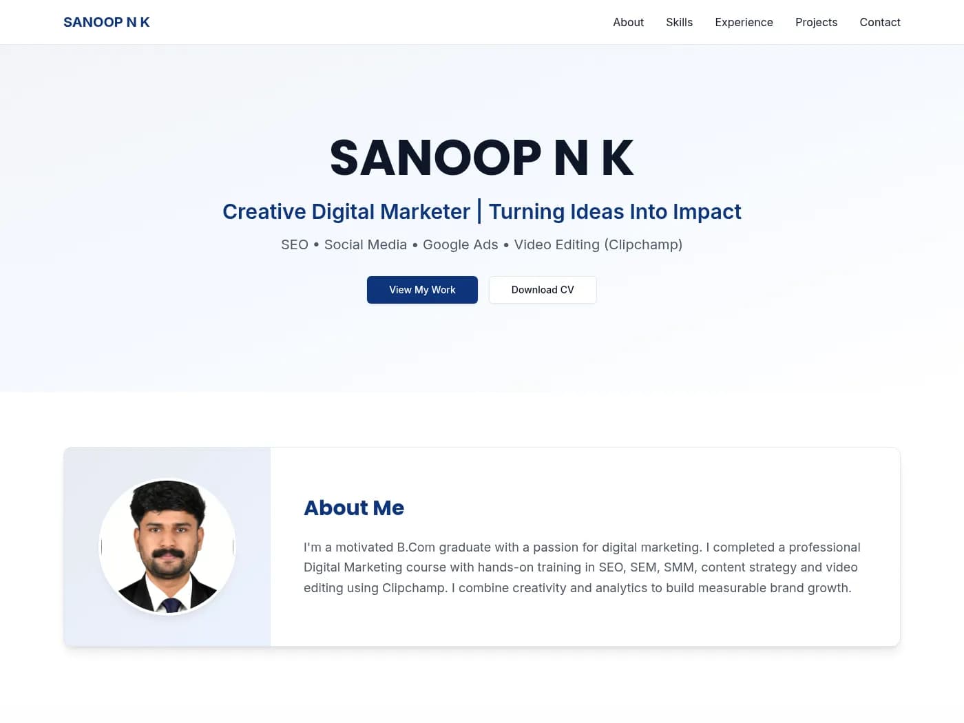 SANOOP N K — Minimal Portfolio Website for a Creative Digital Marketer
