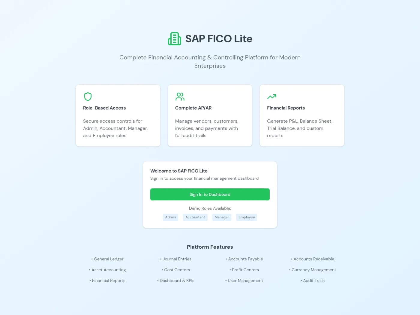 SAP FICO Lite: Modular Financial Accounting & Controlling Platform with Multi-Role Access