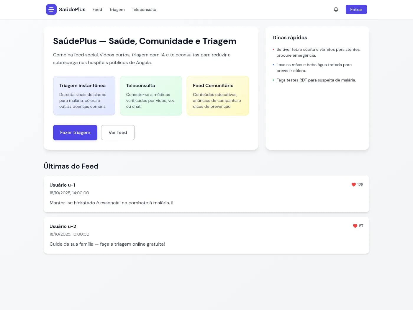 SaúdePlus — Plataforma web de triagem, consulta e comunidade de saúde para Angola