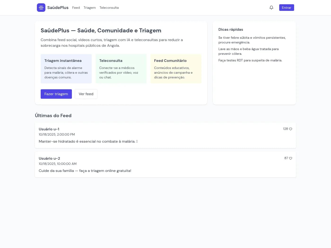 SaúdePlus — Plataforma Web Integrada de Saúde e Triagem para Angola