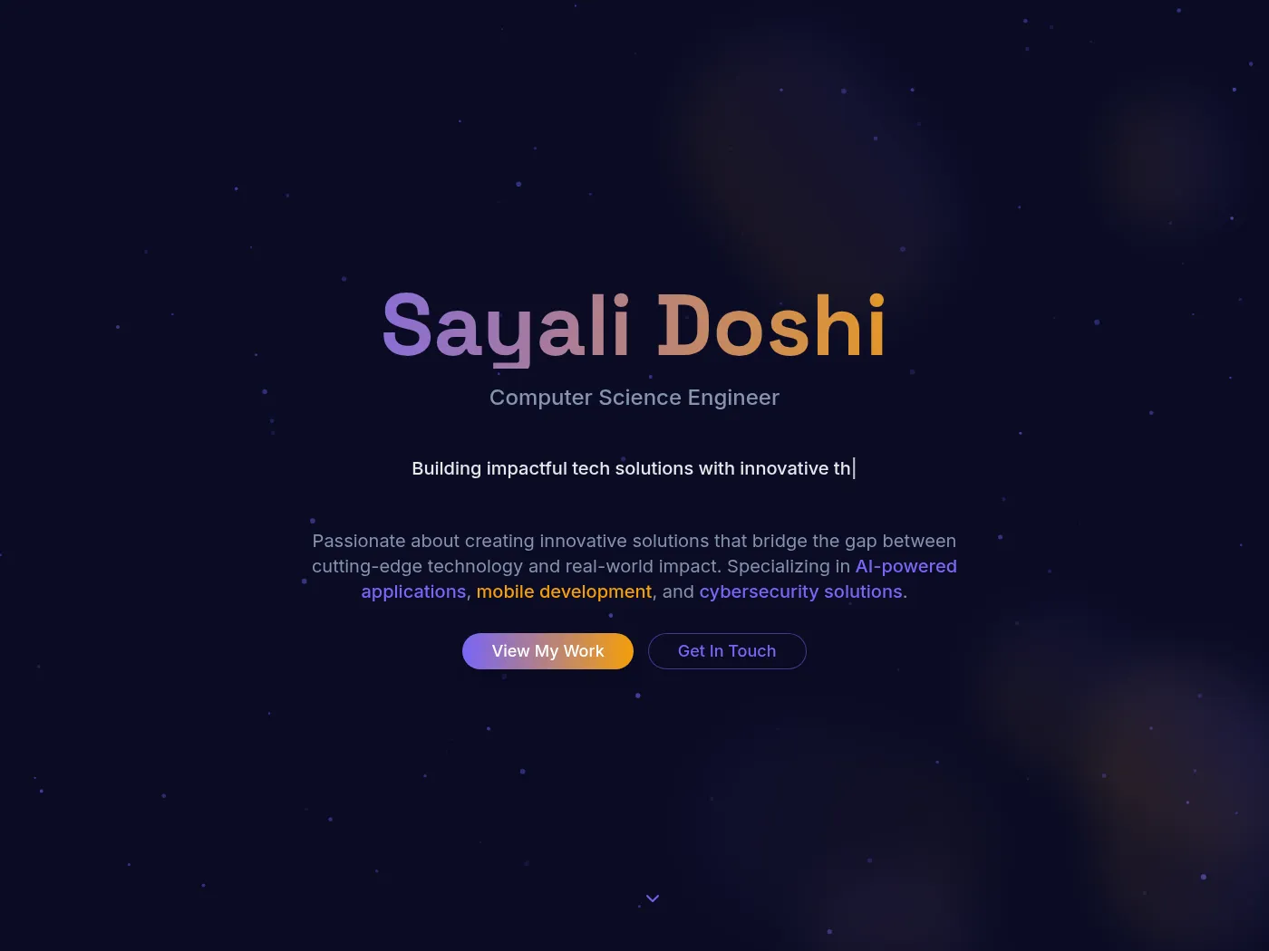 Futuristic Interactive Portfolio for Sayali Doshi, Computer Science Engineer