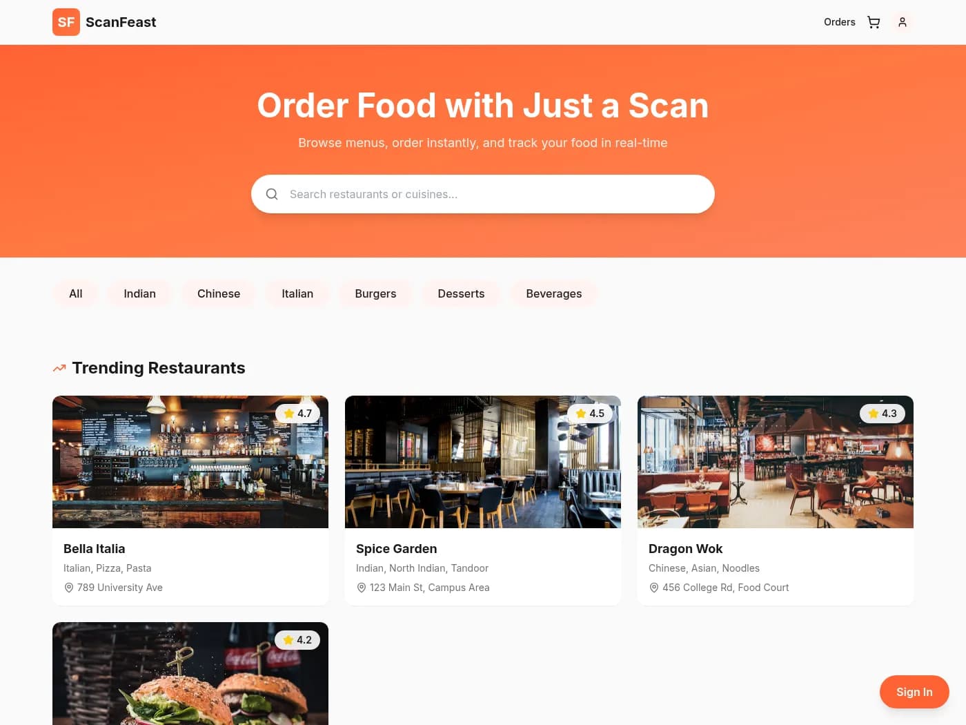 ScanFeast QR Restaurant Ordering & Owner Dashboard Platform