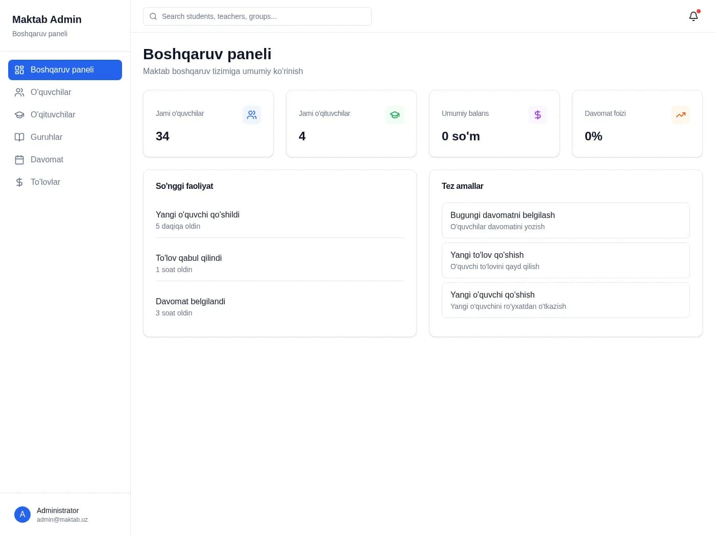 School Admin Panel for Teacher & Student Management