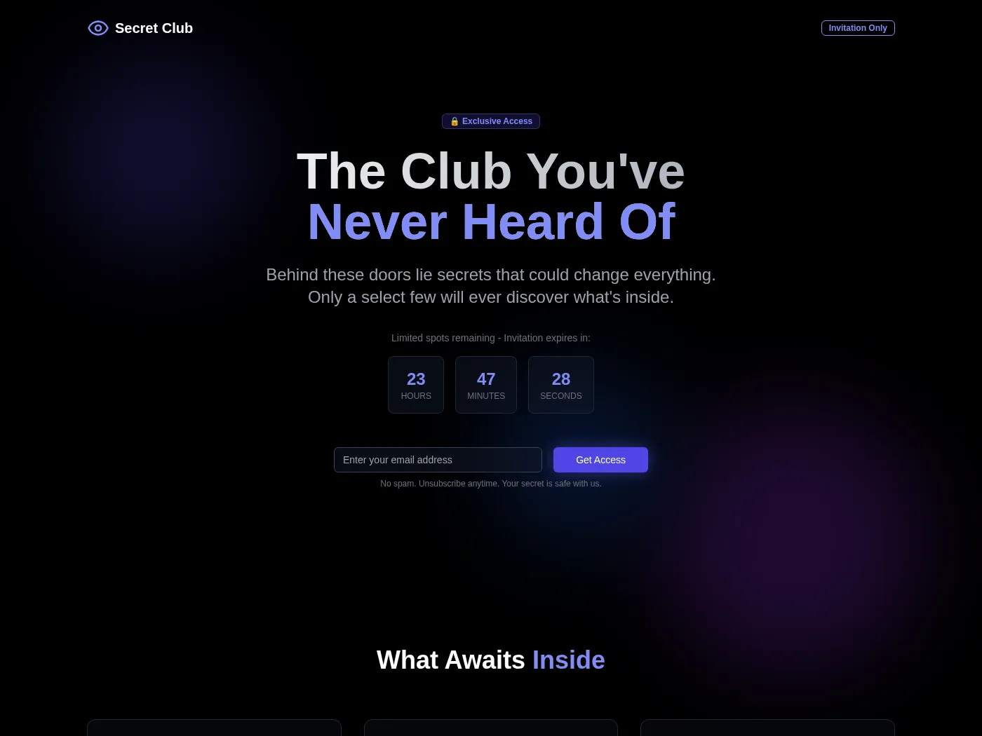 Secret Club Landing Page