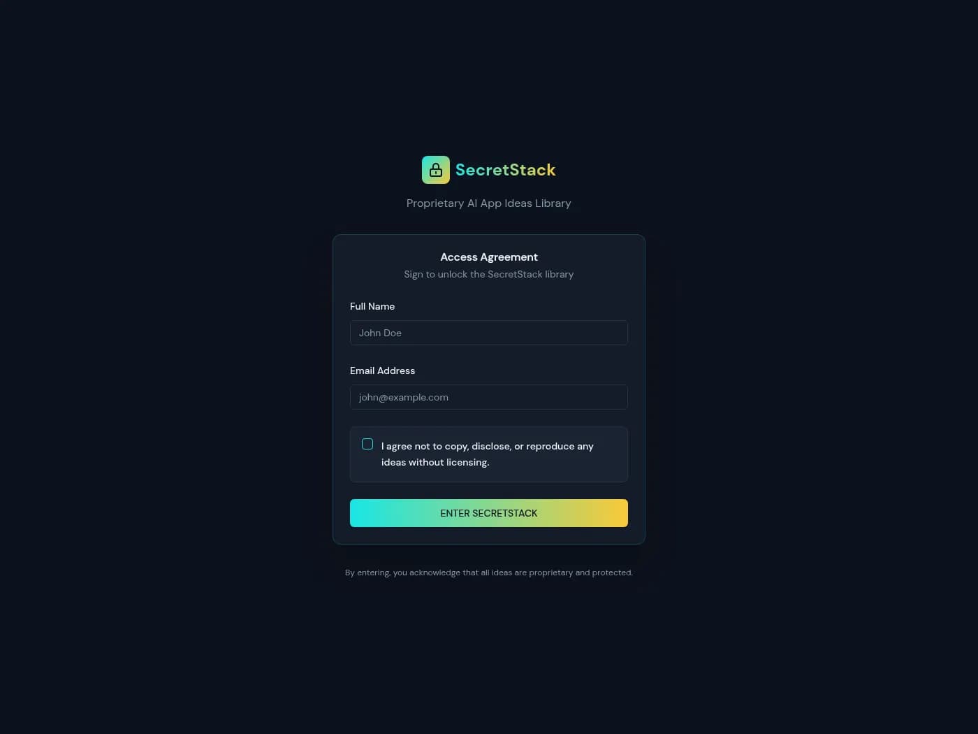 SecretStack: NDA-Gated AI App Ideas Library
