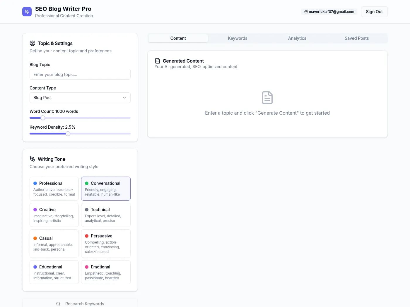 SEO Blog Writer with Automated Keyword Research and Dynamic Tone Selection