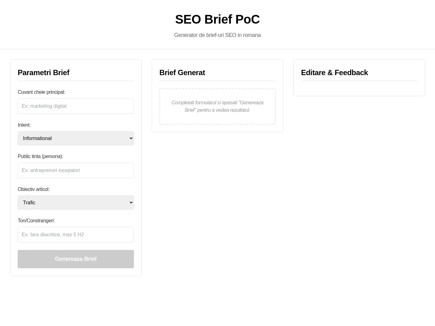 SEO Brief PoC – Aplicație web pentru generarea și editarea rapidă a brief-urilor SEO în limba română