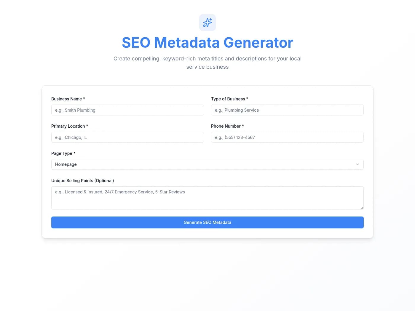 SEO Metadata Generator for Local Service Businesses