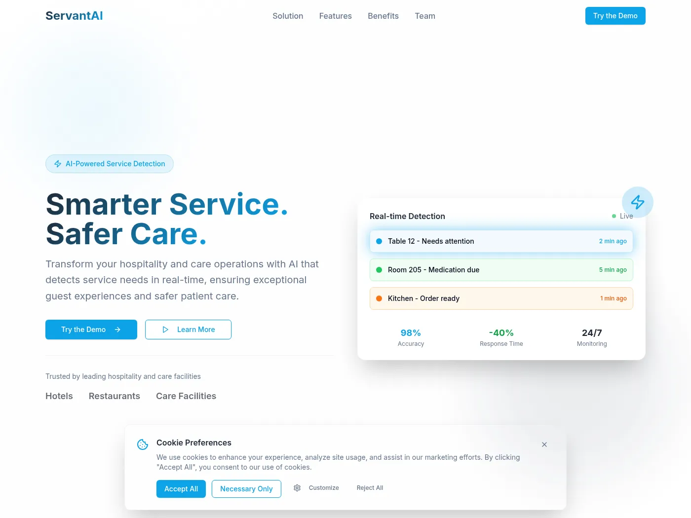 ServantAI High-Performance Landing Page for Hospitality & Care