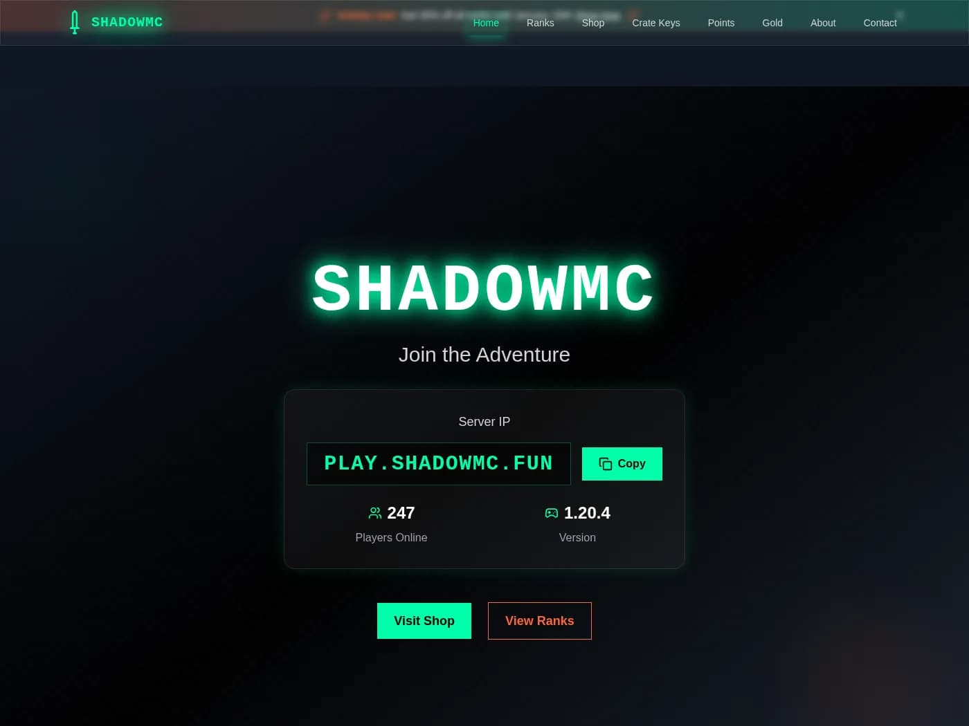 ShadowMC Server Website – Modern Minecraft Aesthetic & Shop Portal